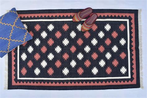 X Cotton Black With Indian Red Traditional Luxury Hand Woven Premium Quality Durries Rug
