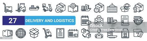 배달 카트 지게차 배송 배달 지연 우편 번호 지구 그리드 이동 모바일 앱 웹 디자인을위한 목록 벡터 아이콘과 같은 27 개의
