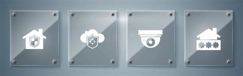 Set House With Password Security Camera Cloud And Shield And Under Protection Square Glass