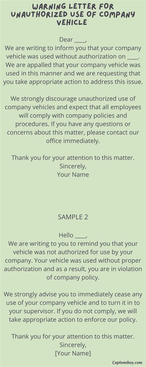 Warning Letter For Unauthorized Use Of Company Vehicle 10 Samples