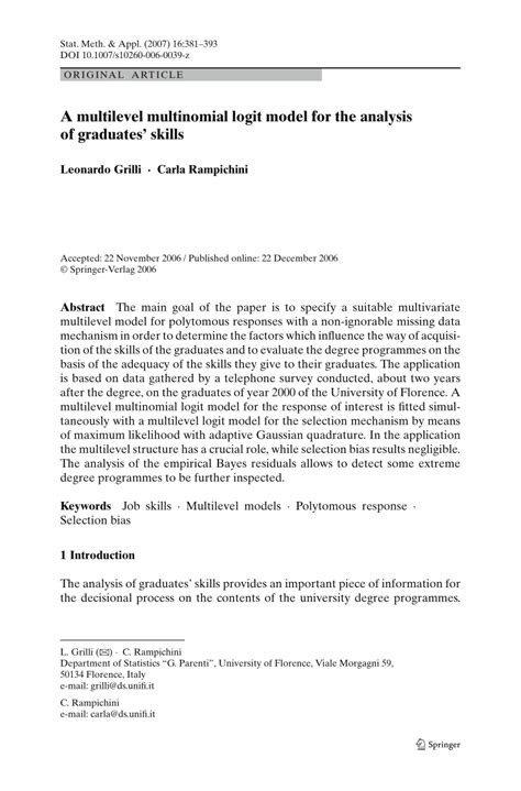 Pdf A Multilevel Multinomial Logit Model For The Analysis Of Graduates Skills
