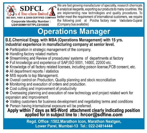 Chemical Job Vacancy On Linkedin Sdfcl Job Vacancy For Operations Manager