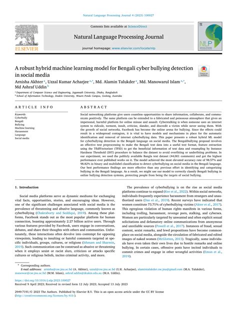 PDF A Robust Hybrid Machine Learning Model For Bengali Cyber Bullying Detection In Social Media