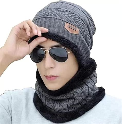 Buy Knit Warm Winter Woolen Skull Cap With Fur Lining Grey At Amazon In