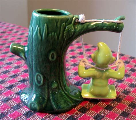 Vintage 50s Pixie Elf Swinging From Tree Bud Vase Treasure Craft