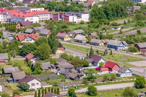 Panoramic Aerial View Of A Small Urban Type Settlement With Red Roofs