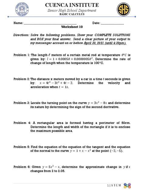 Basic Calculus Worksheets 10 Pdf