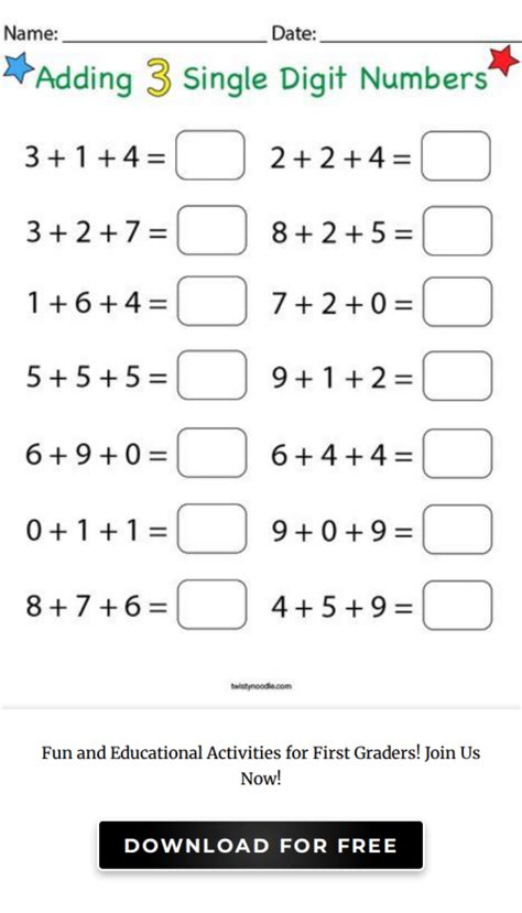Adding 3 Single Digit Numbers 1st Grade Math Worksheets Free