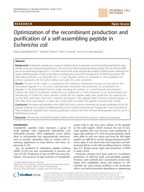 Pdf Optimization Of The Recombinant Production And Purification Of A Self Assembling Peptide