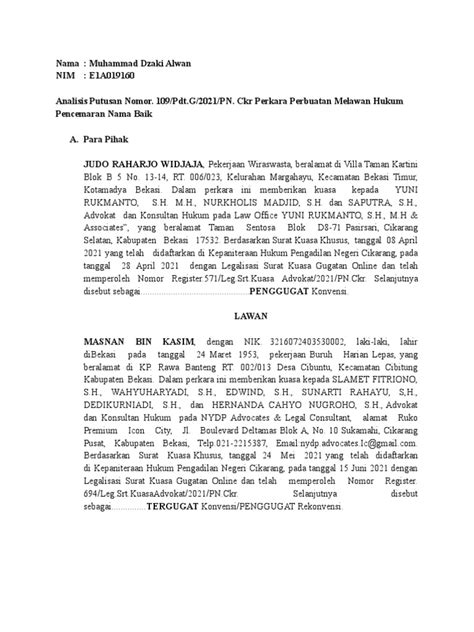 Tugas Pmh Analisis Putusan Pasal 1367 1380 Muhammad Dzaki Alwan E1a019160 Pdf