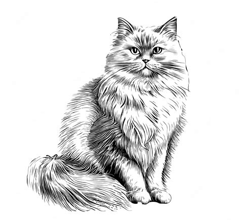 Premium Vector Fluffy Cat Sitting Hand Drawn Sketch Pets Vector