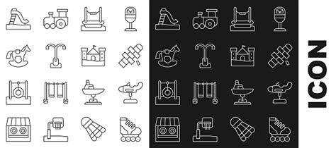 세트 라인 롤러 스케이트 스윙 평면 홉 스코치 번지 가로등 말 안장 스윙 키드 슬라이드와 모래 성 아이콘 벡터 0명에 대한 스톡 벡터 아트 및 기타 이미지 Istock