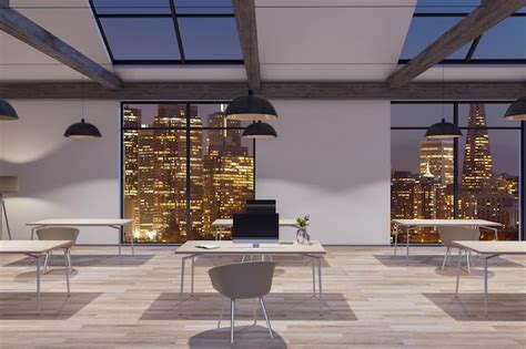 木製の床材の家具と夜空の景色を望む天井窓を備えた高級ロフトオフィスインテリア3dレンダリング Premium写真