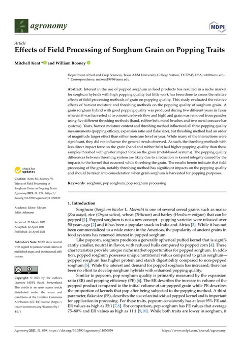 Pdf Effects Of Field Processing Of Sorghum Grain On Popping Traits