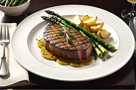 Gourmet Steak Medium Rare On A White Porcelain Plate Accompanied By