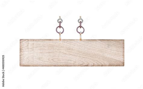 Old Plank Sign Frame With Rusty Iron Chain Hanging Isolated On White