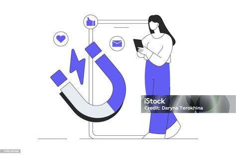 인바운드 마케팅 개념 고객을 끌어들이는 여성 거대한 자석을 가진 새로운 리드 평면 만화 벡터 일러스트 레이 션 아이콘 스타일리시한 추상 개념에 대한 스톡 벡터 아트 및 기타