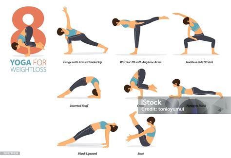 8 체중 감량 개념에서 운동을 위한 요가 자세 또는 아사나 자세 바디 스트레칭을 위해 운동하는 여성 피트니스 인포그래픽 평면 만화 벡터입니다 엉덩관절에 대한 스톡 벡터 아트