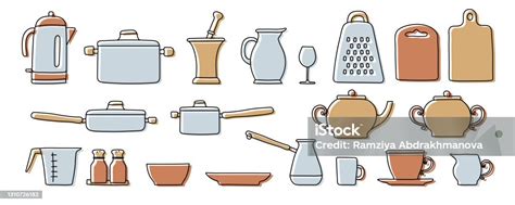 Set Sketsa Peralatan Dapur Peralatan Dan Alat Dapur Vektor Garis Doodle