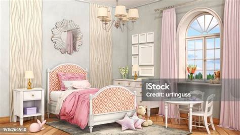 밝고 분홍색 파스텔 톤의 현대적인 세련된 소녀의 어린이 방 꽃 장난감 및 차 세트 3d 일러스트 레이 션 0명에 대한 스톡 사진