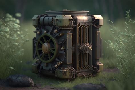 Premium AI Image A Large Metal Box With A Wheel In The Grass