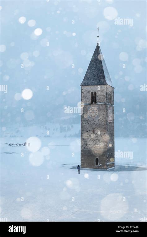The Submerged Bell Tower Of Curon Venosta Province Of Bolzano Alto Adige District Italy