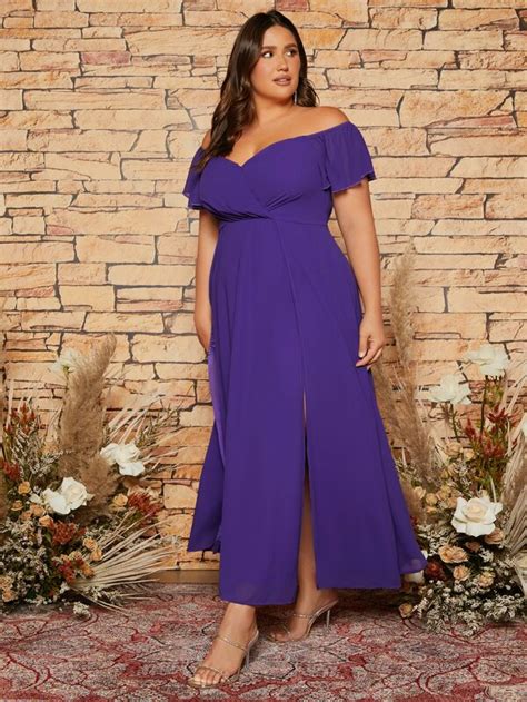SHEIN Belle Plus Off Shoulder Butterfly Sleeve Split Thigh Chiffon Bridesmaid Dress SHEIN USA