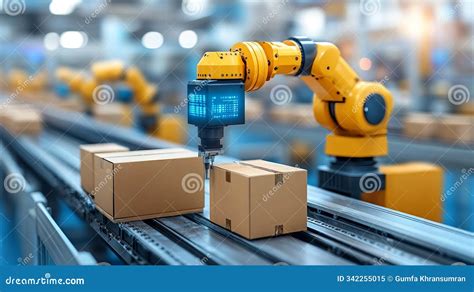 Automated Robotic Arm Sorting Packages On Futuristic Production Line Stock Illustration