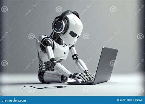 3d Rendering Humanoid Robot Working with Headset and Notebook Stock Illustration - Illustration ...