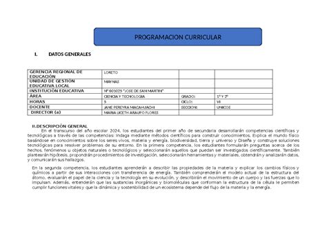 Programacion Curricular 1ro Y 2do I Datos Generales Gerencia Regional De EducaciÓn Loreto