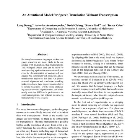 an attentional model for speech translation without transcription acl