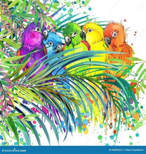 Tropical Exotic Forest Green Leaves Wildlife Parrot Bird Watercolor