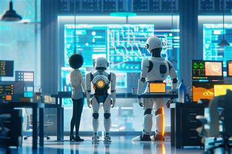 Human And Robot Working Together In The Futuristic Modern Office Stock Illustration