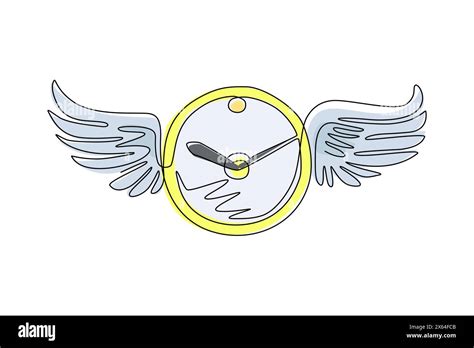 Single One Line Drawing Clock With Wings Flying In The Sky Lost Time Concept Time Featuring
