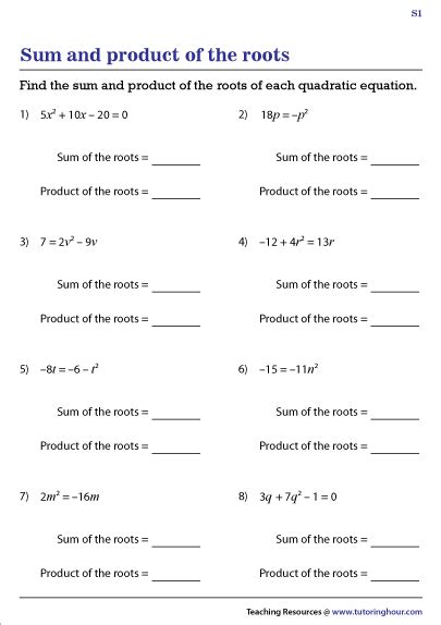 Sum And Product Of Roots Of Quadratic Equation Worksheet