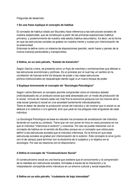 Final Sociología Preguntas de desarrollo 1 En una frase explique el