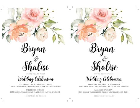 Wedding Invitation Template Set Peach Floral Wedding Invite Etsy