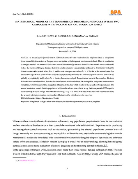 Pdf Mathematical Model Of The Transmission Dynamics Of Dengue Fever