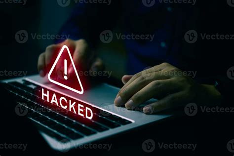 Man Using Computer With System Hacked Alert Warning Signs Attack On Computer Network Data