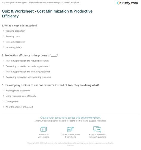Quiz And Worksheet Cost Minimization And Productive Efficiency