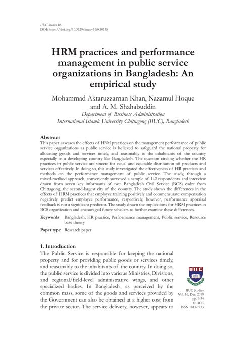 Pdf Hrm Practices And Performance Management In Public Service Organizations In Bangladesh An