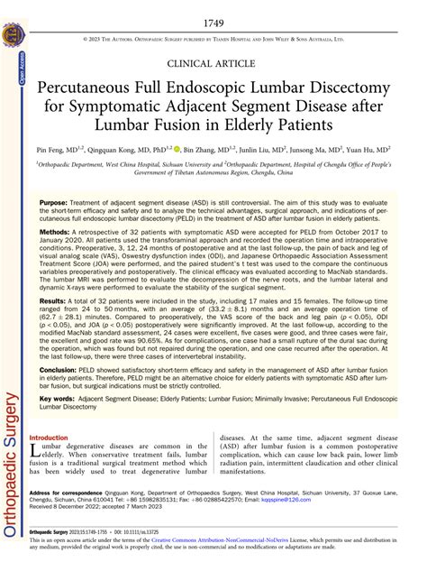 Pdf Percutaneous Full Endoscopic Lumbar Discectomy For Symptomatic