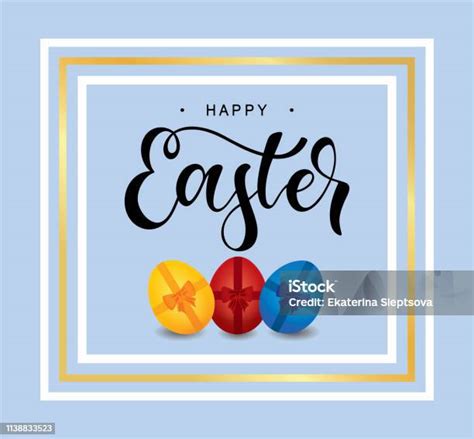 손은 골든 프레임과 행복 부활절을 스케치 리본 및 활과 부활절 달걀의 세트와 현대 서 예 엽서 카드 초대장 포스터 배너 서식 파일에 대 한 행운 벡터 일러스트입니다 4월에