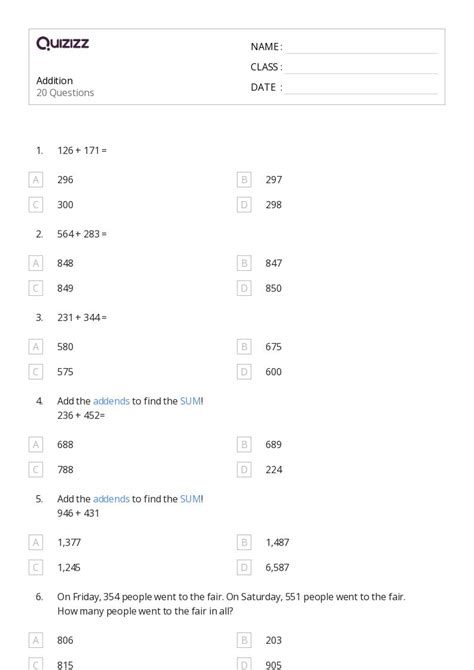 50 Addition Worksheets For 4th Class On Quizizz Free And Printable