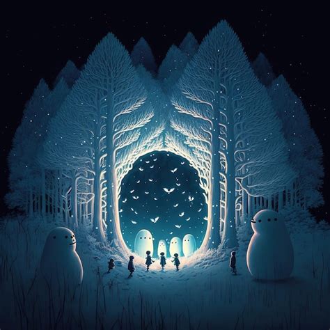 Premium Ai Image A Drawing Of A Snowy Landscape With A Snowman On The Left Side