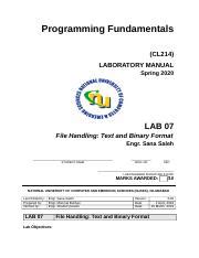 LAB7 Docx Programming Fundamentals CL214 LABORATORY MANUAL Spring