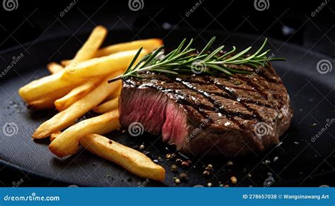 Beef Steak Medium Rare With French Fries Ai Generated Image Stock