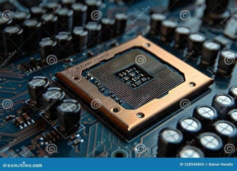 Close Up Of Cpu On Computer Motherboard Isolated On Blue Background