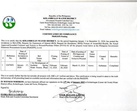 Certificate Of Compliance Philgeps Posting Cy 2025 Kolambugan Water District