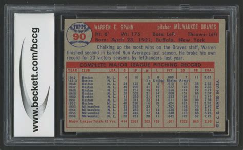 Warren Spahn 1957 Topps 90 Bccg 9 Pristine Auction
